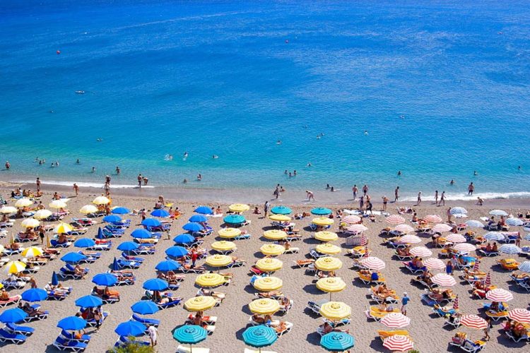 Aerial view of umbrellas and sea, Elli Beach, Rhodes Town, Rhodes ...